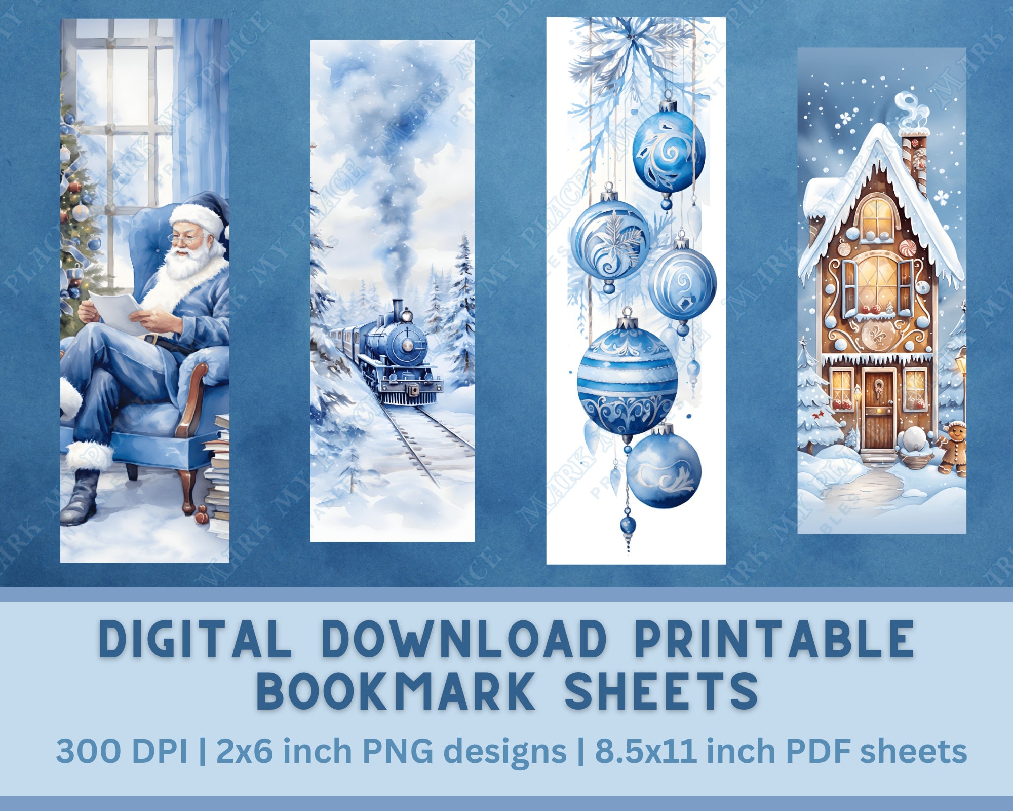 Blue Christmas Printable Bookmarks PNG Bundle | Beautiful Bookmark ...