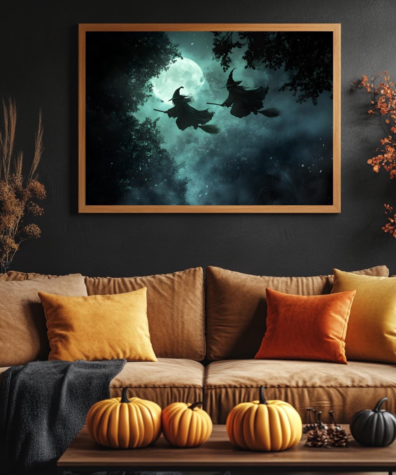 Two Flying Witches on Brooms Printable Maximalist Halloween Wall Art ...