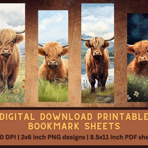 Cute Highland Cow Printable Bookmark PNG Bundle | Farm Animal Bookmark ...