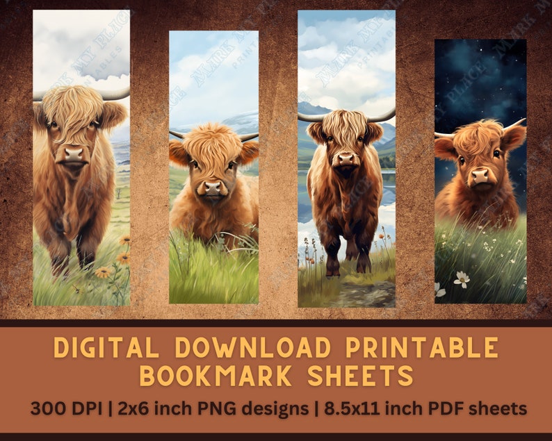 Cute Highland Cow Printable Bookmark PNG Bundle | Farm Animal Bookmark ...
