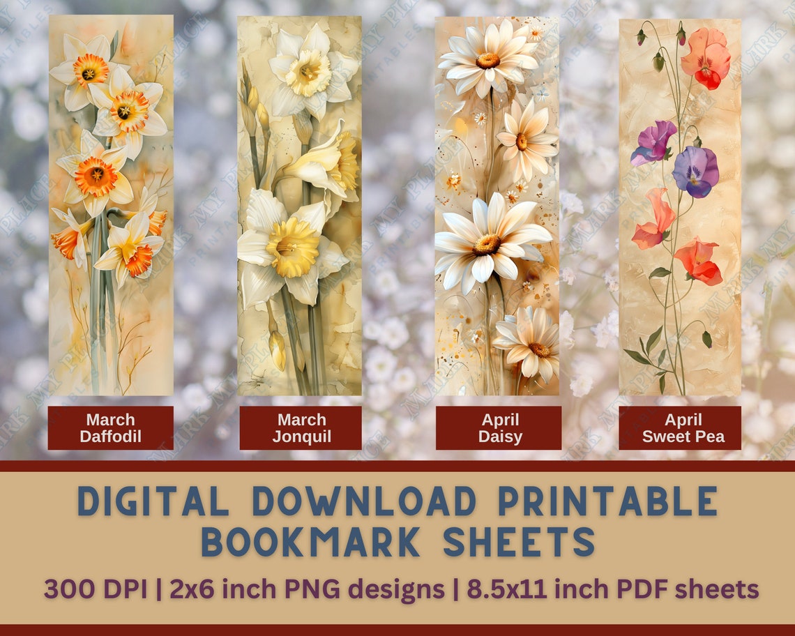 Birth Flower Printable Bookmarks PNG Bundle Floral Bookmark Nature ...
