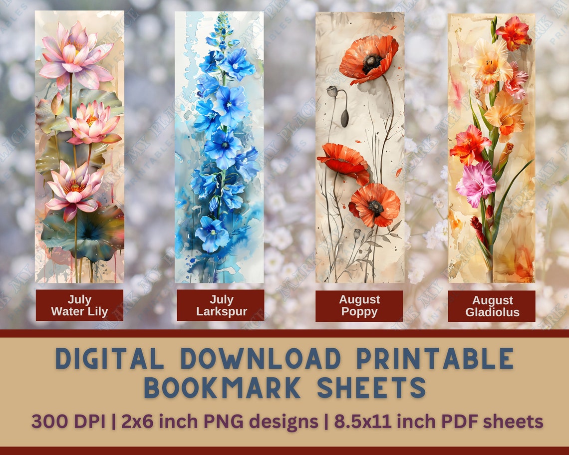 Birth Flower Printable Bookmarks PNG Bundle Floral Bookmark Nature ...