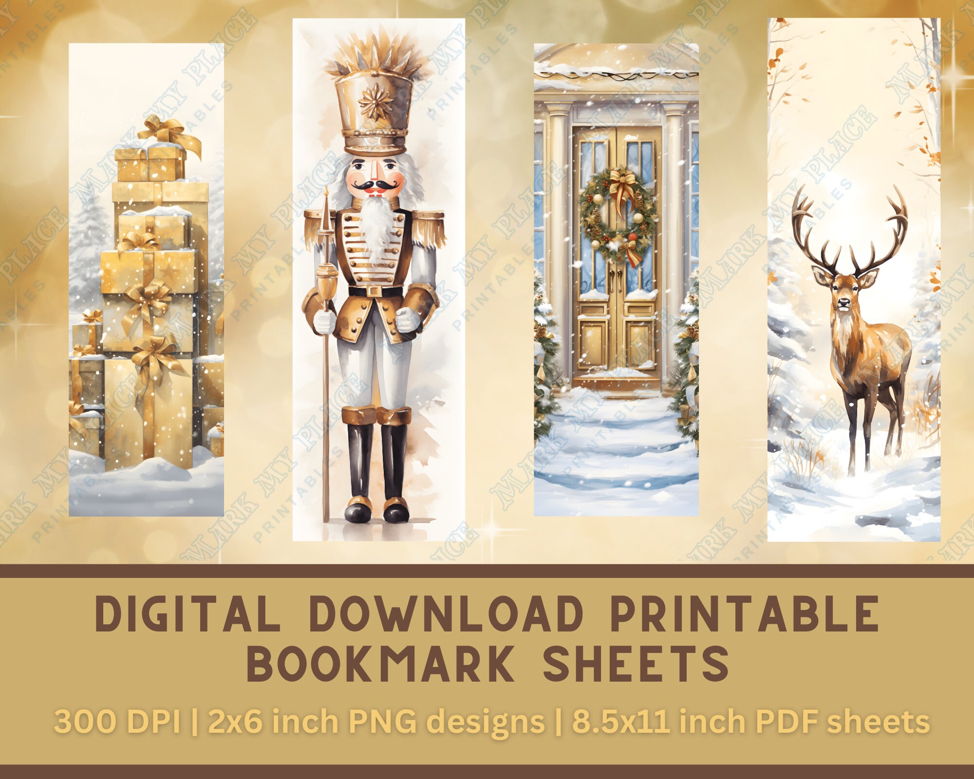 Gold Christmas Printable Bookmarks PNG Bundle | Beautiful Bookmark ...
