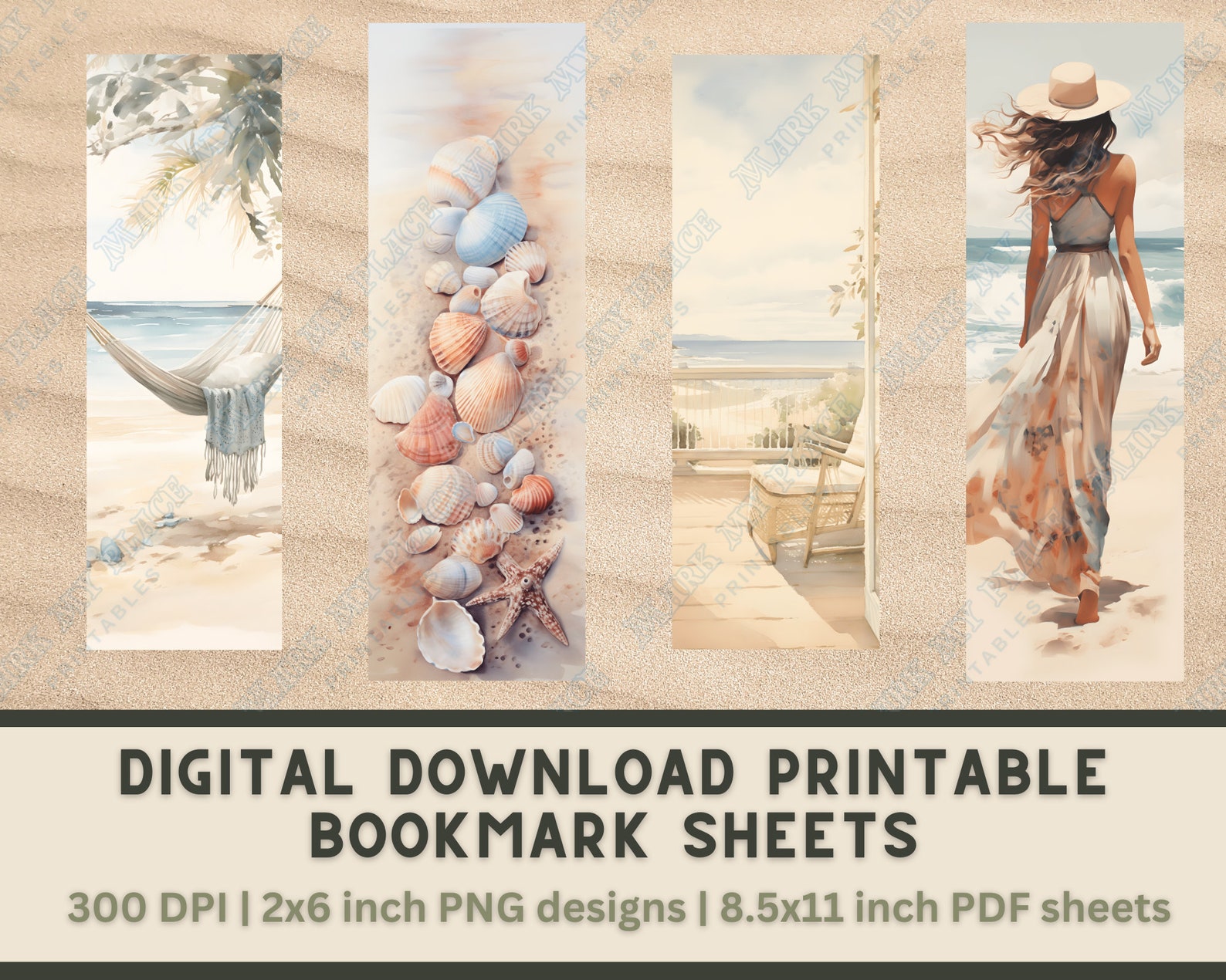 Bohemian Beach Printable Bookmarks PNG Bundle | Beach Bookmark | Muted ...