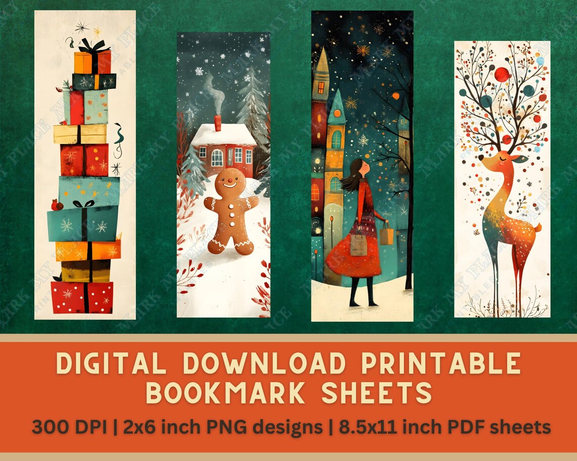 Whimsical Christmas II Printable Bookmarks PNG | Holiday Printable ...