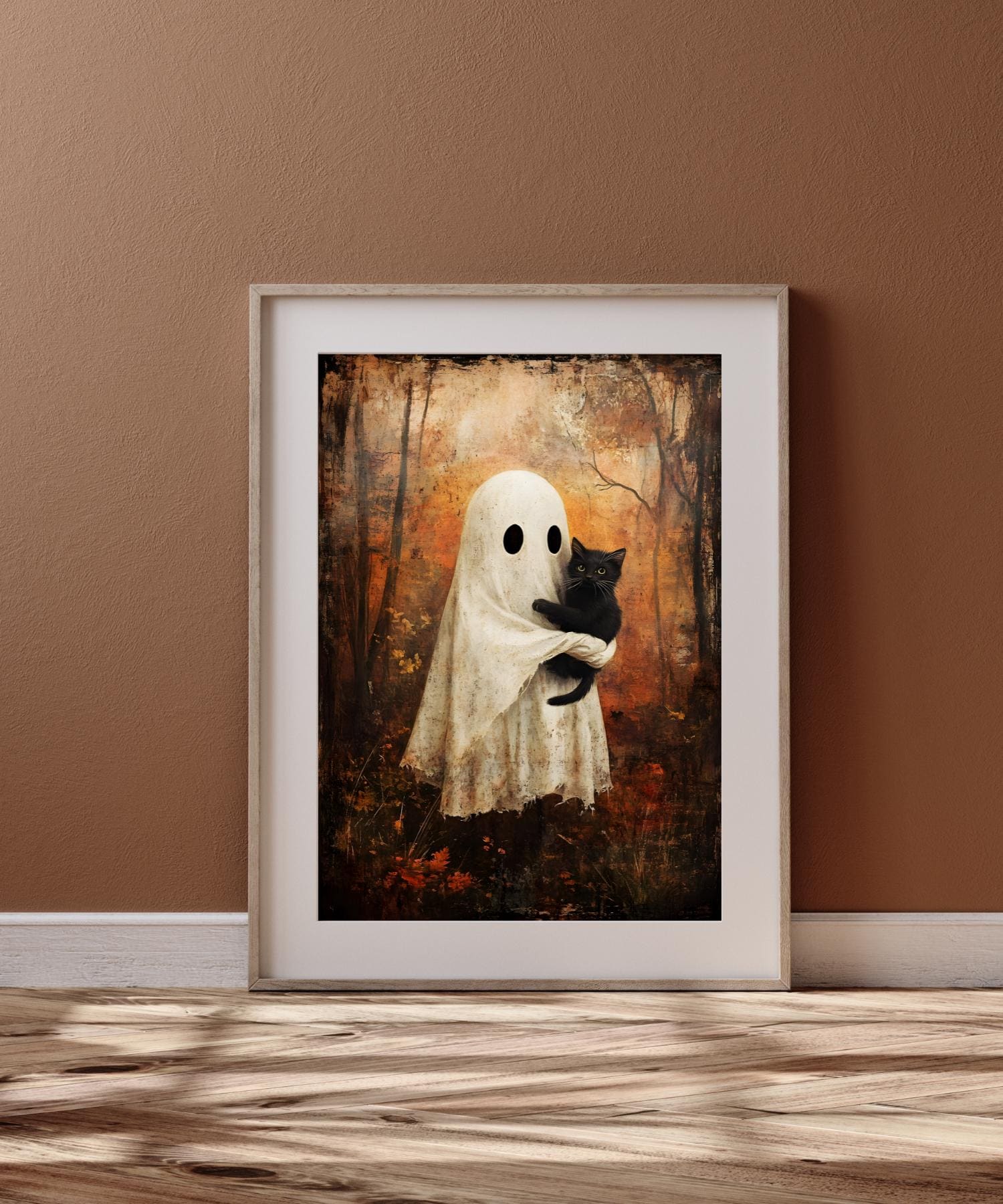 Vintage Ghost With Cat Printable Halloween Wall Art | Cat Lover ...