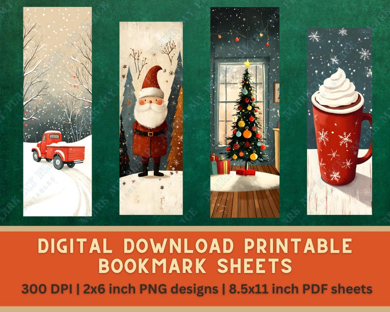 Whimsical Christmas II Printable Bookmarks PNG | Holiday Printable ...