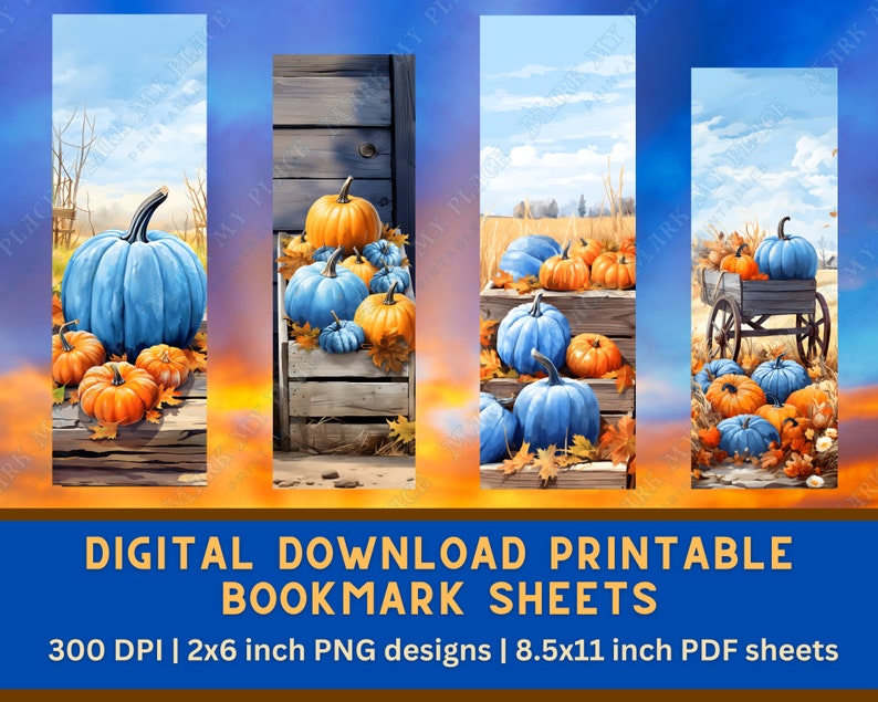 Blue Pumpkin Printable Bookmark Bundle Fall Bookmark Sublimation Print ...