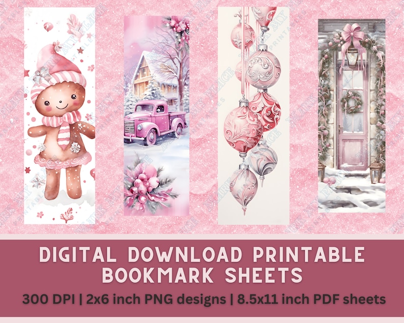 Pink Christmas Printable Bookmarks PNG Bundle | Beautiful Bookmark ...