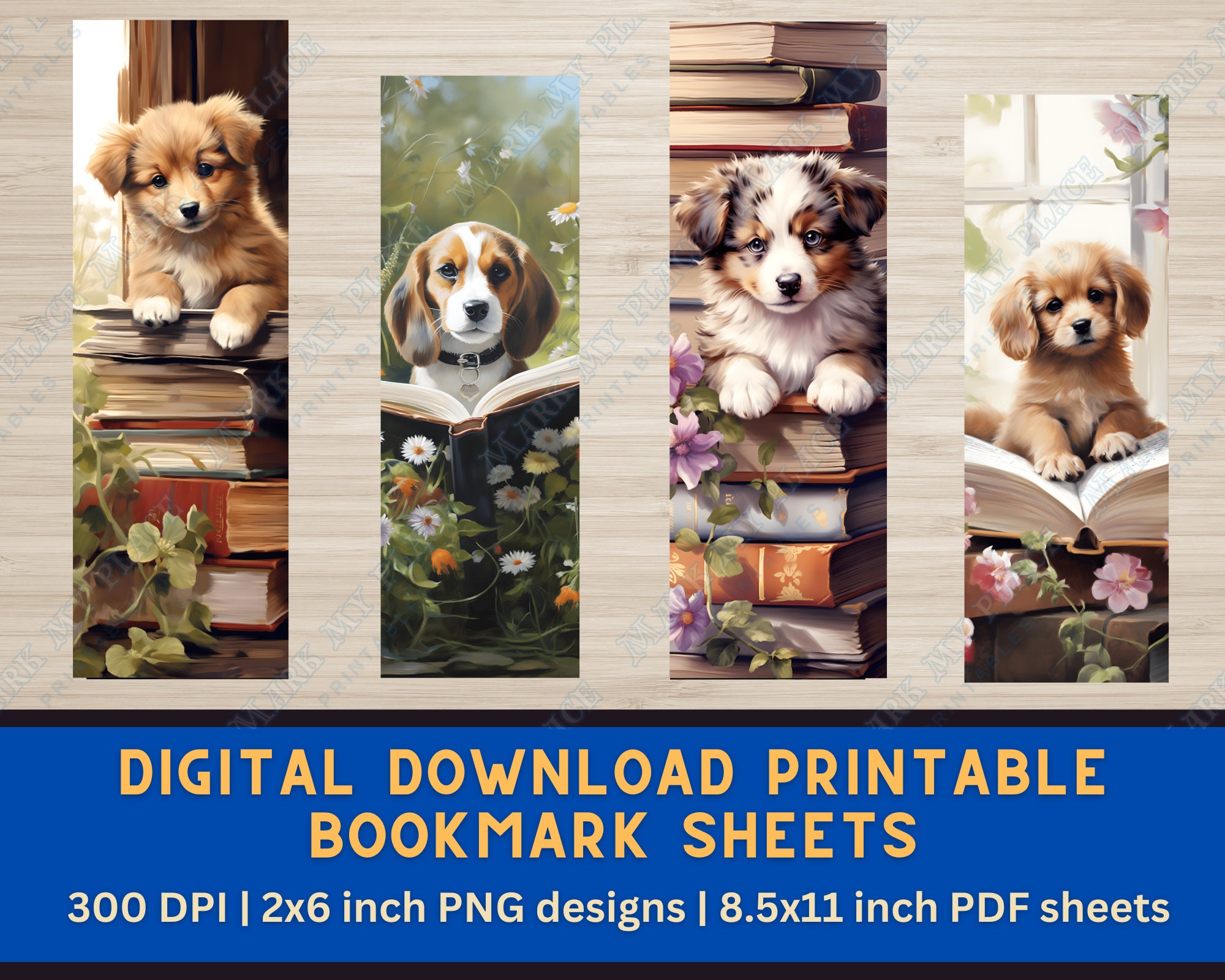 Dogs and Books Printable Bookmark PNG Bundle | Dog Bookmark Sublimation ...