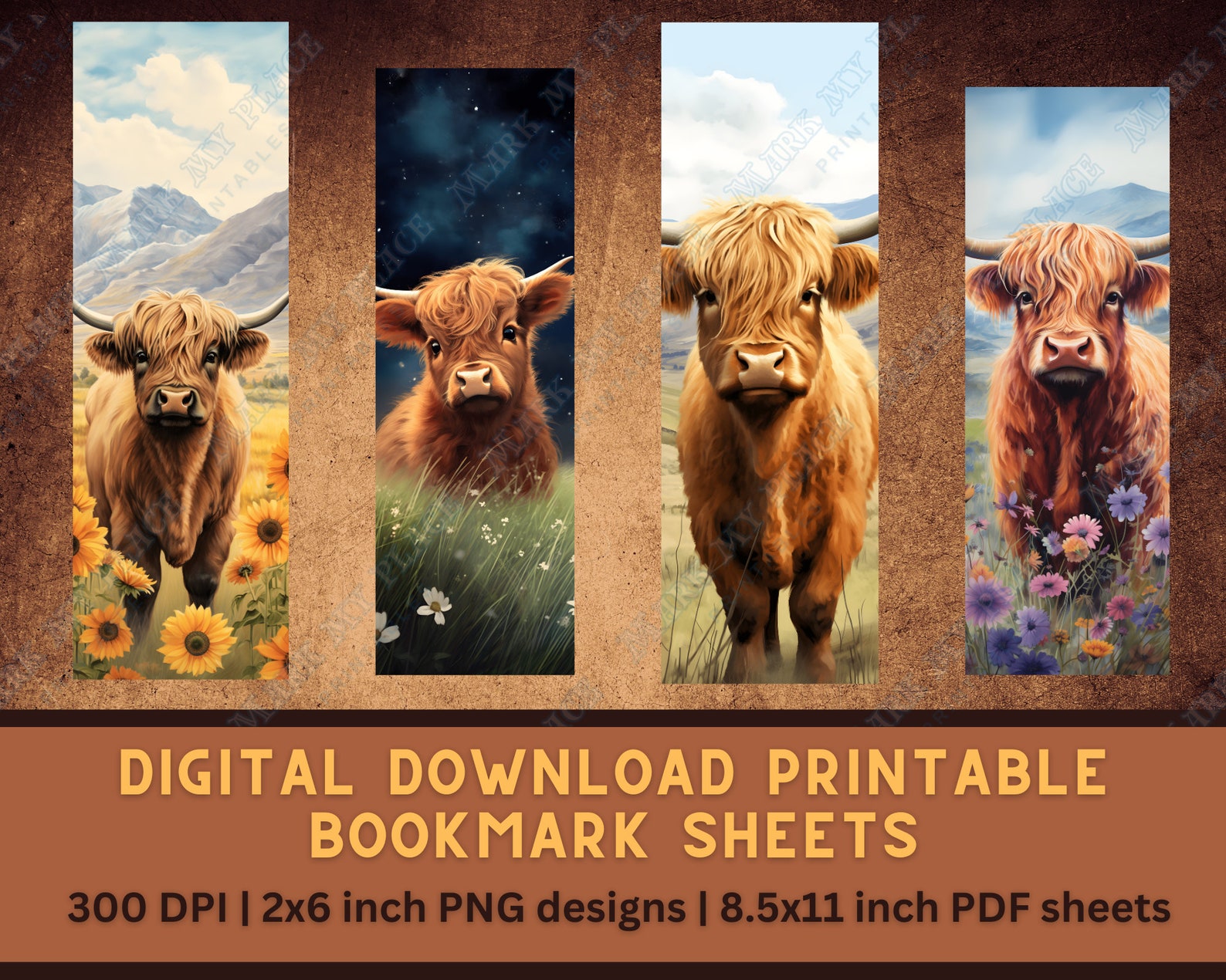 Cute Highland Cow Printable Bookmark PNG Bundle | Farm Animal Bookmark ...