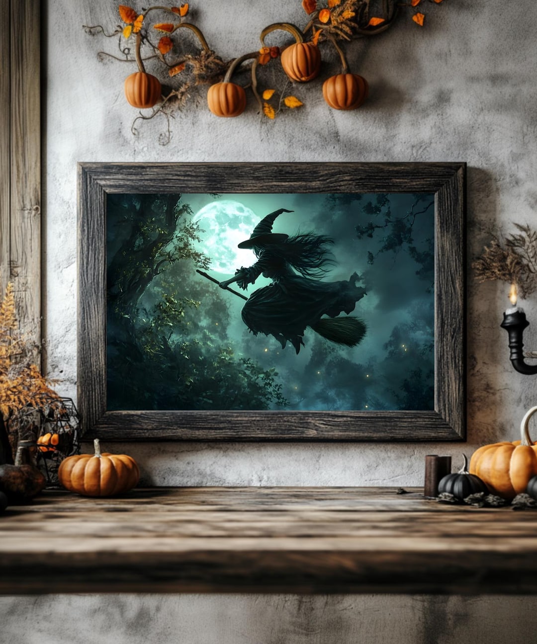 Flying Forest Witch Printable Maximalist Rustic Halloween Village Wall ...