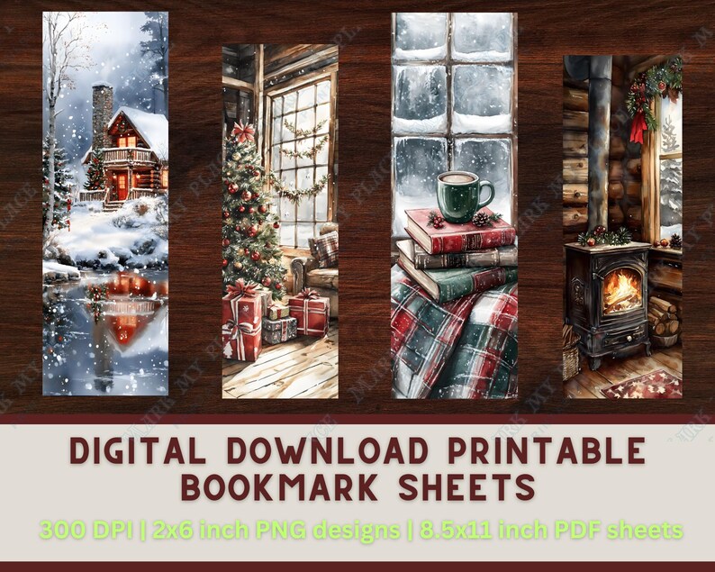 Cozy Christmas Cabin Printable Bookmark PNG Bundle | Rustic Winter ...