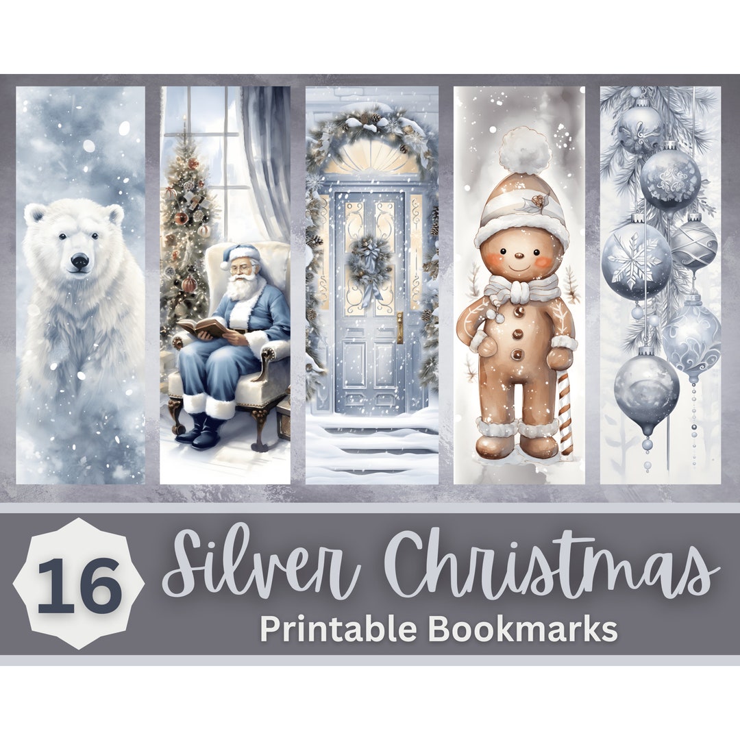 Silver Christmas Printable Bookmarks PNG Bundle | Beautiful Bookmark ...