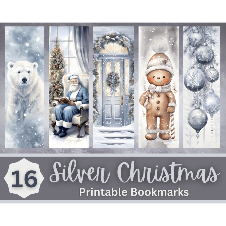 Silver Christmas Printable Bookmarks PNG Bundle | Beautiful Bookmark ...