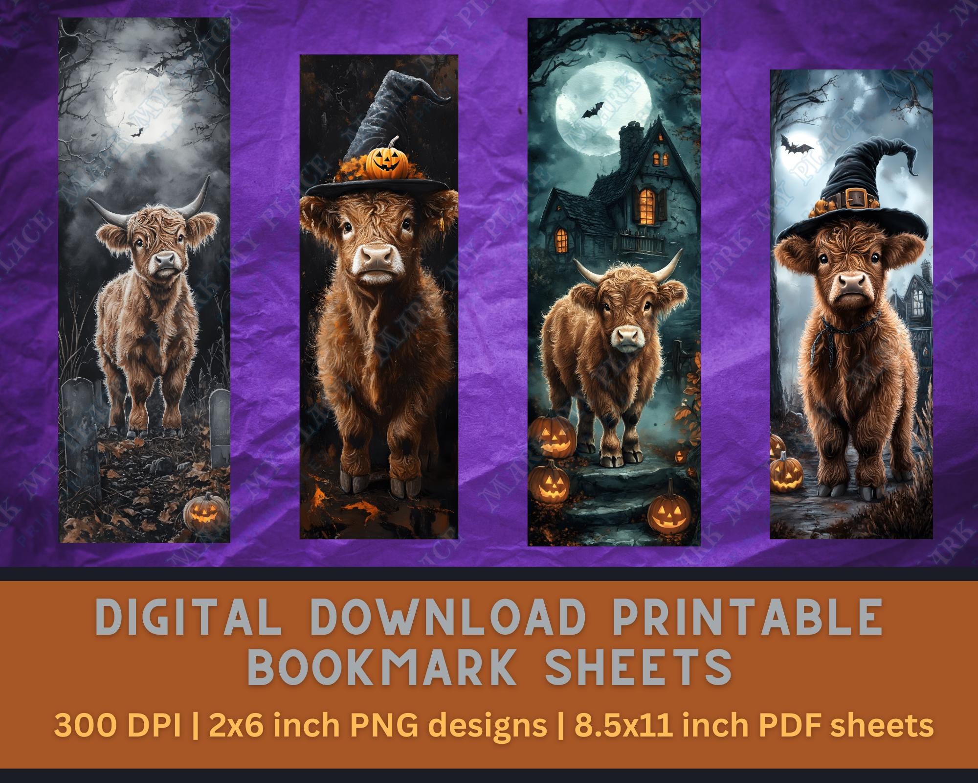 Halloween Highland Cow Printable Bookmark Bundle | Tall Skinny Art ...