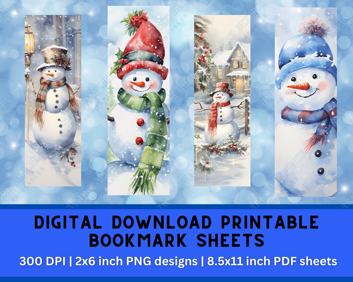 Cute Snowman Printable Bookmarks PNG Bundle | Beautiful Bookmark | Cute ...