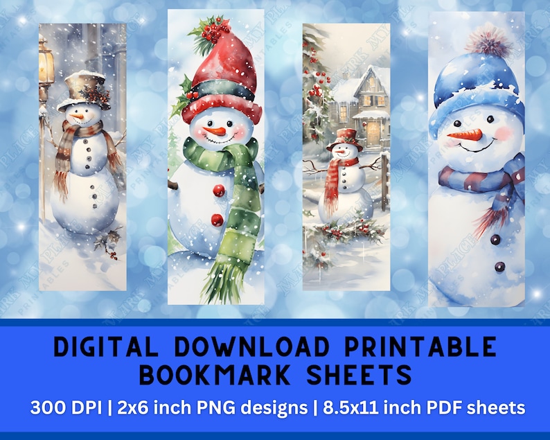 Cute Snowman Printable Bookmarks PNG Bundle | Beautiful Bookmark | Cute ...