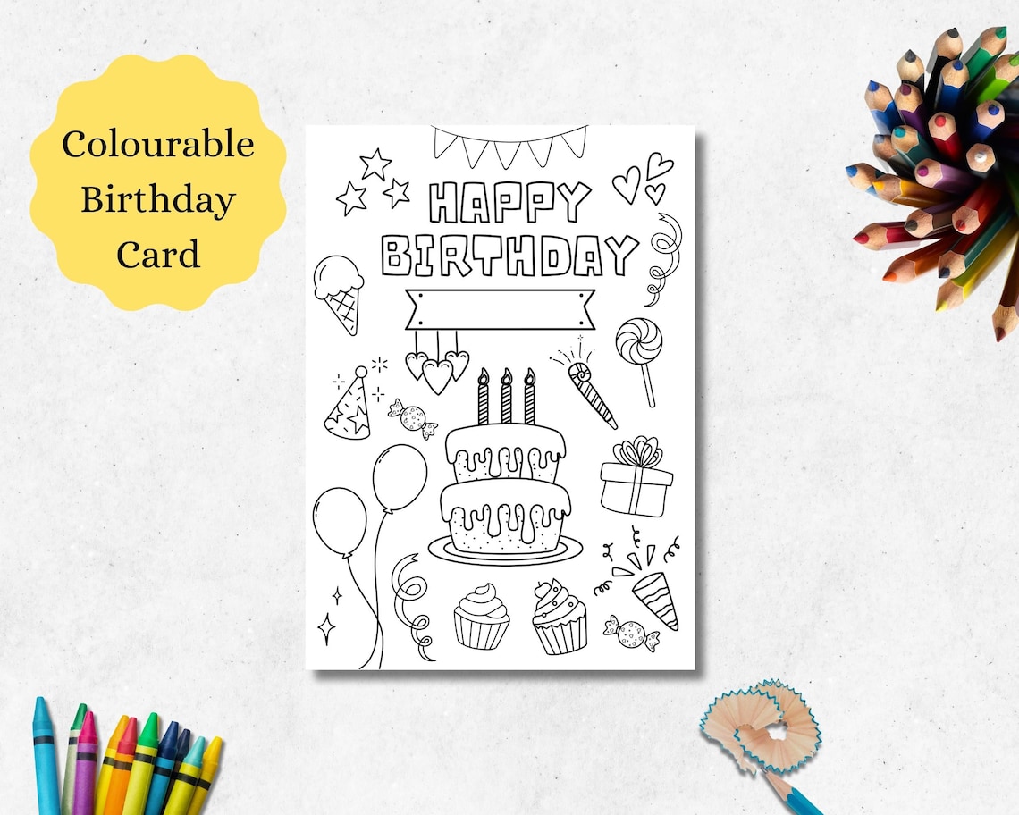 Birthday Card for Kids to Colour | DIY Card | Colouring Birthday Cards ...