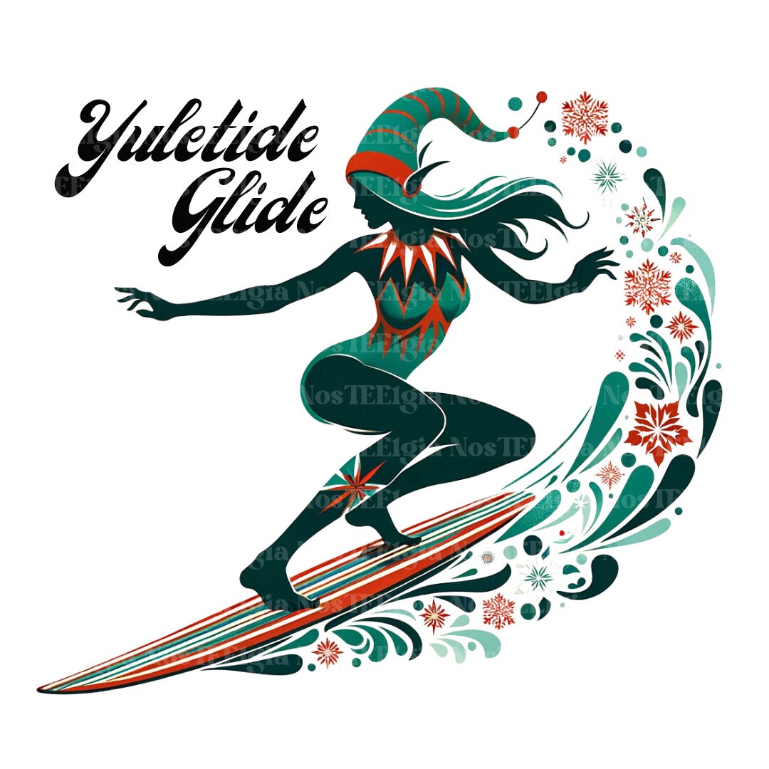 Yuletide Glide Surfing Christmas Surfer Girl Elf 70s Retro Groovy Mid ...