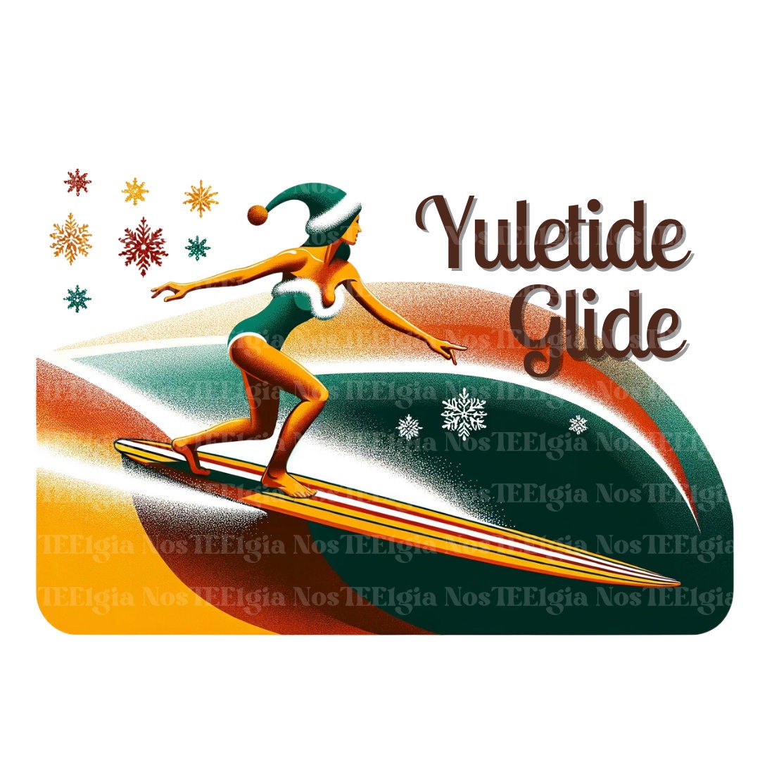 Yuletide Glide Surfing Christmas Surfer Girl Elf 70s Retro Groovy Mid ...