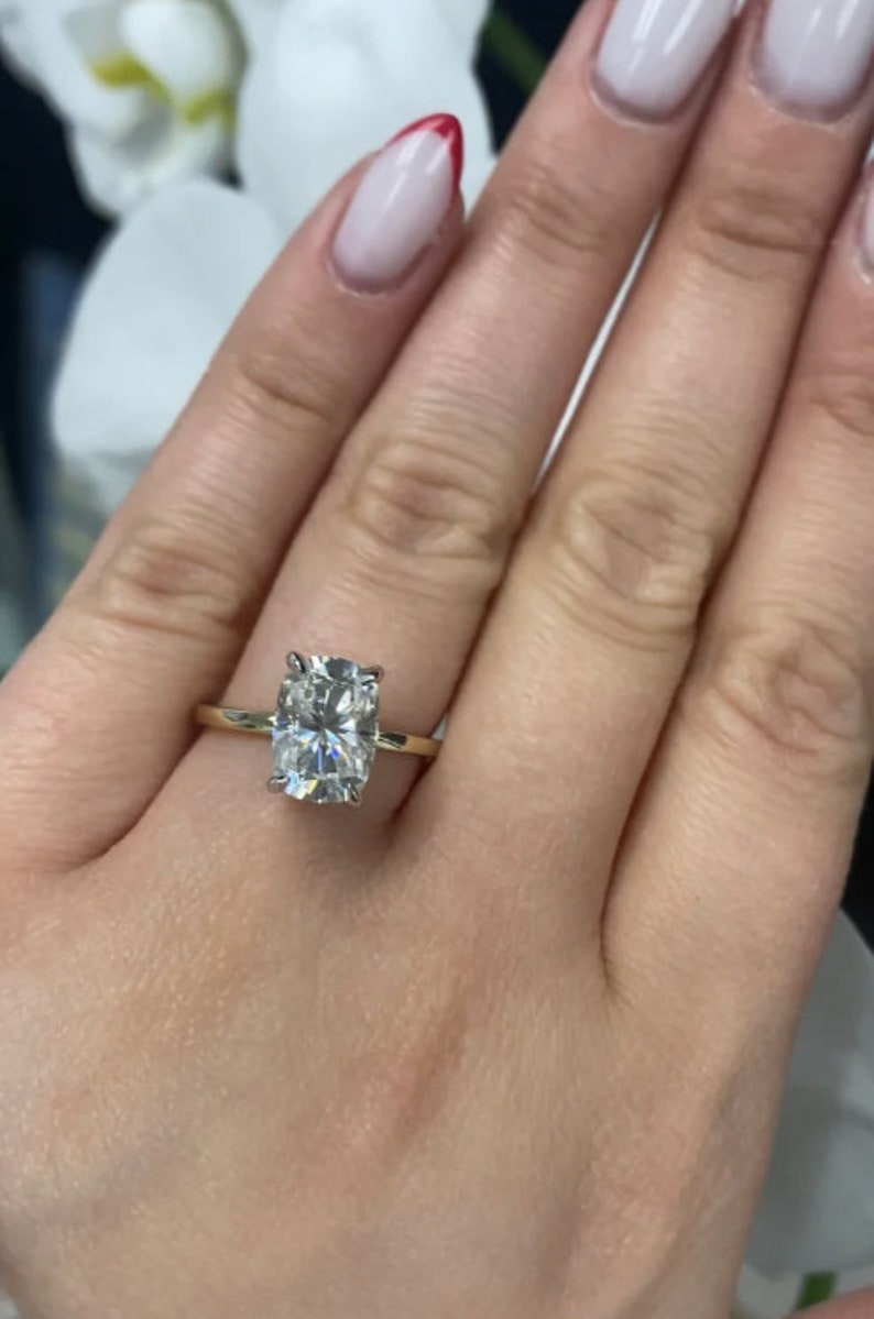 3CT Elongated Cushion Cut Lab Grown Diamond Engagement Ring 14K Yellow ...