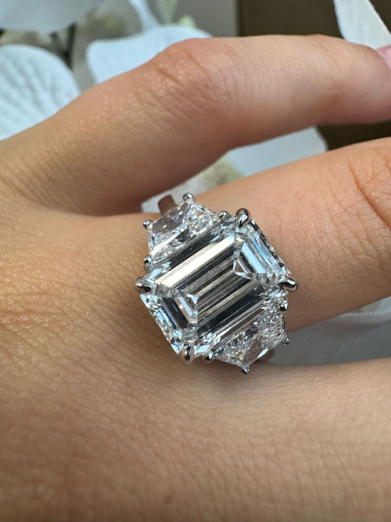 4CT Emerald Cut Center Stone and 0.75CT Each Trapezoid Cut Side Stone ...