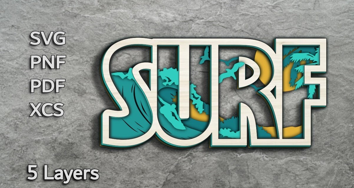 Surf Vibes SVG Laser Cut File With Wave Surfing in the Sunset by a ...