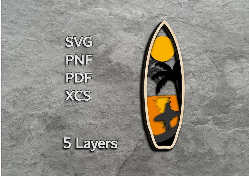 Multilayered SVG Surfboard With Surfer Silhouette Sunset for Laser Cut ...