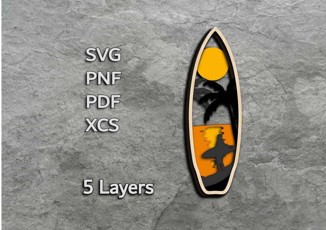 Multilayered SVG Surfboard With Surfer Silhouette Sunset for Laser Cut ...
