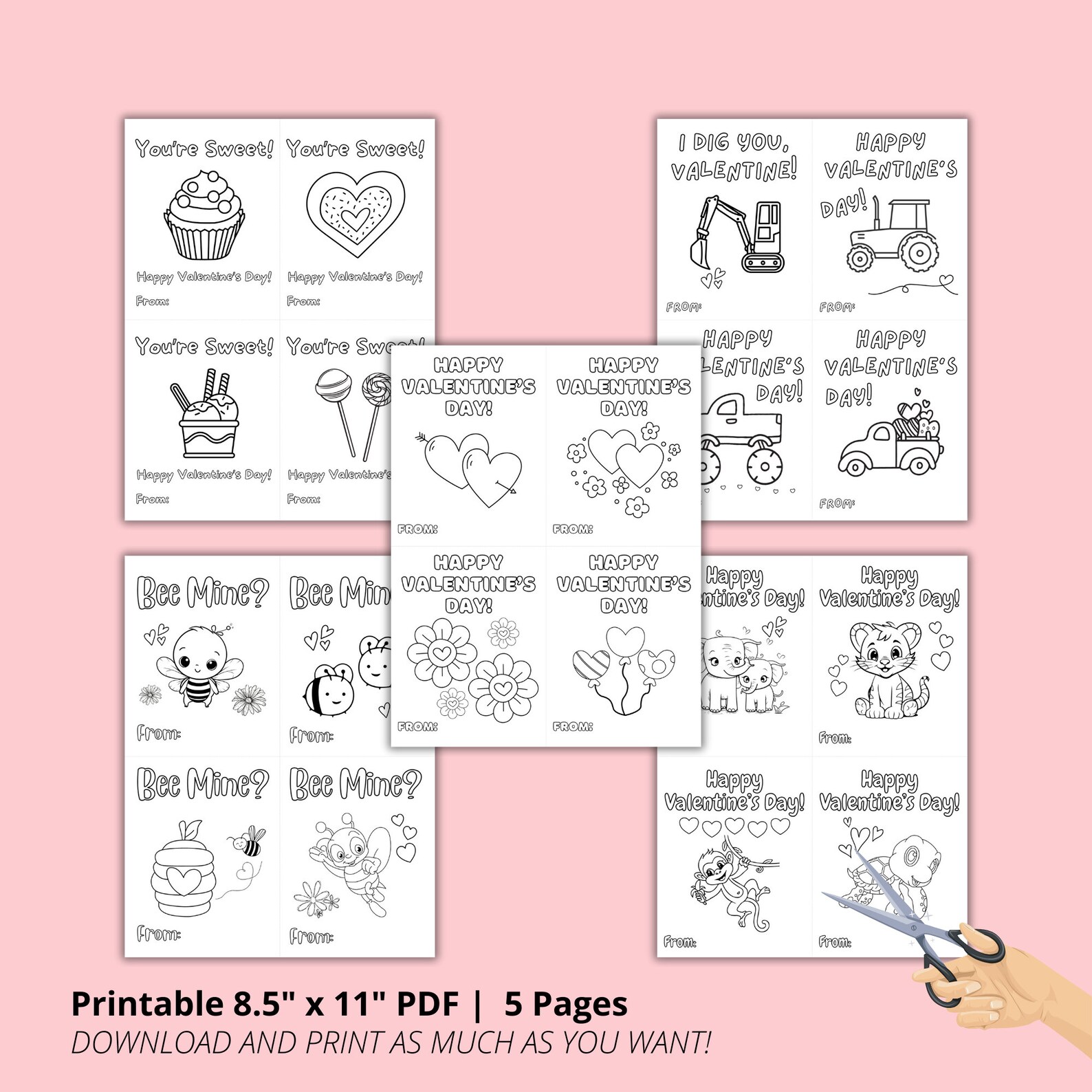 Valentine Coloring Cards, Printable Valentine's Day Cards, Kids ...