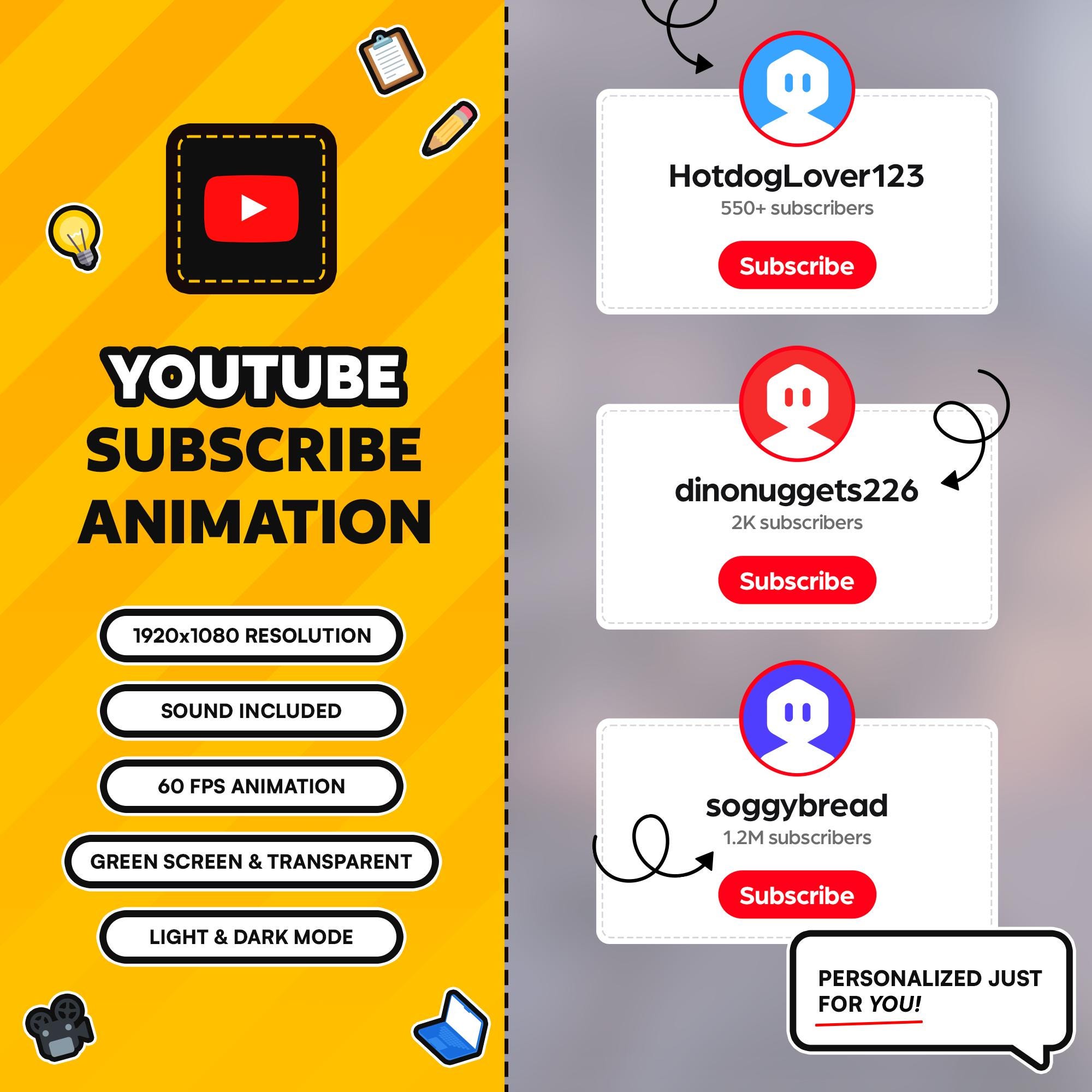 Animated Youtube Subscribe Button Overlay: Social Media Lower Third ...