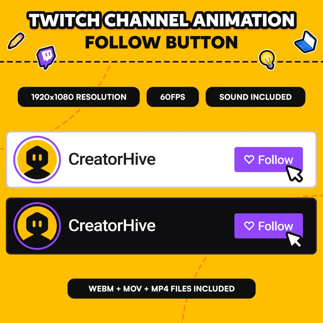 Custom Animated Twitch Follow Button: Social Media Overlay (digital ...
