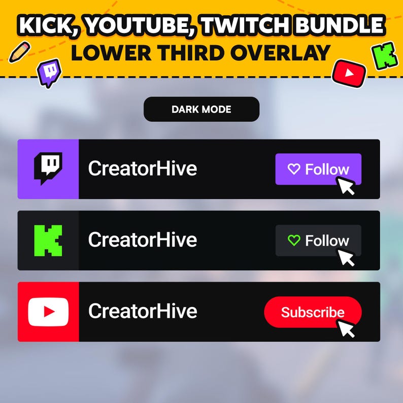 Animated Social Media Follow Overlay: Twitch, Youtube, Kick (digital ...