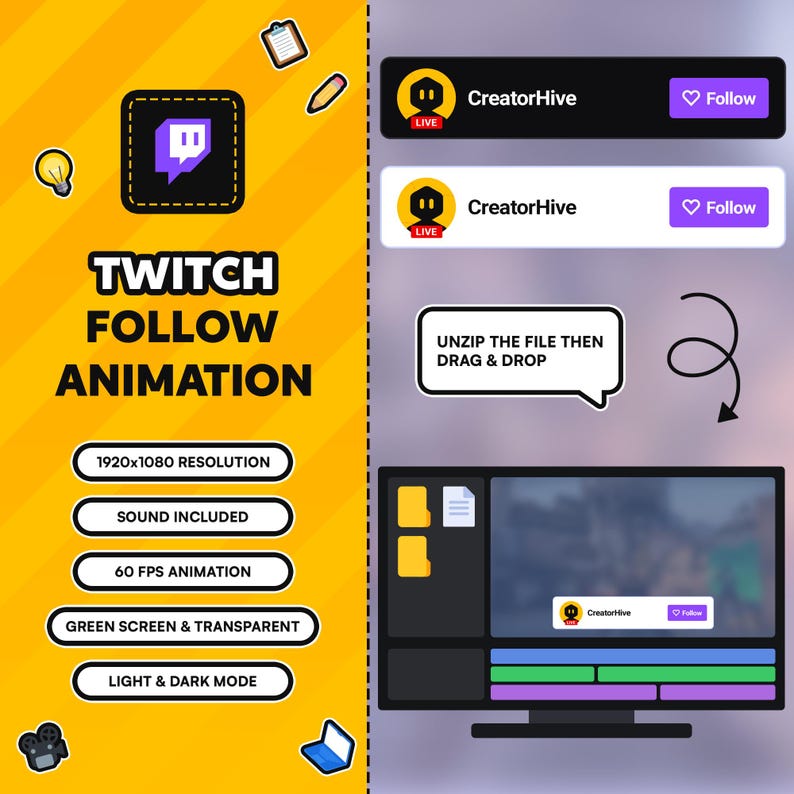 Twitch Overlay Follow Button, Animated Lower Third, Social Media ...