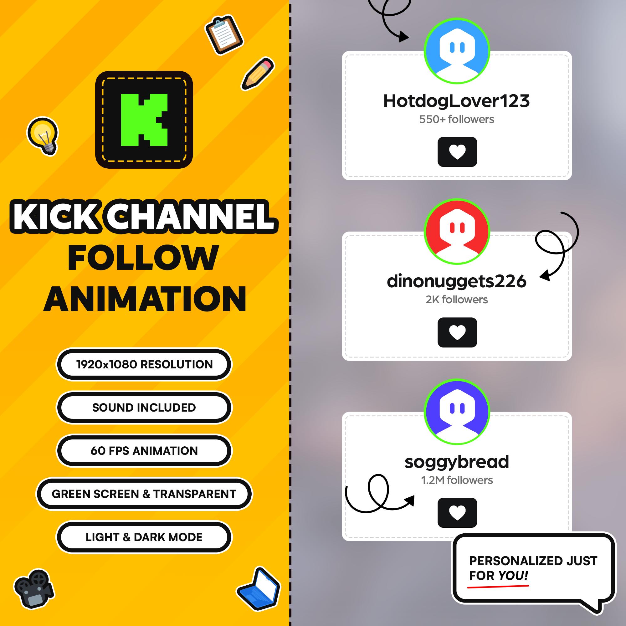 Animated Kick Channel Follow Button Overlay, Digital Download, Social ...