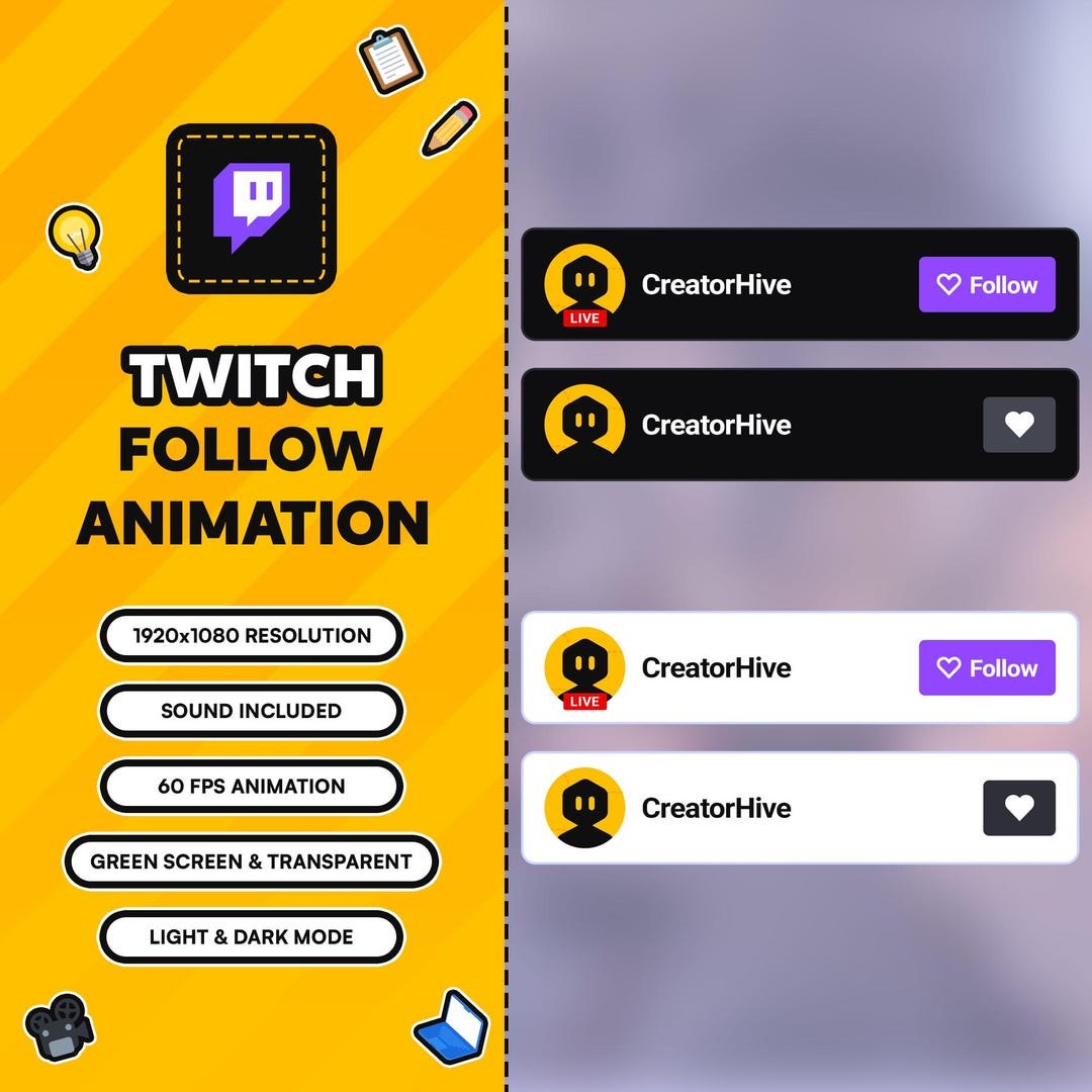 Twitch Follow Button Overlay for Twitch Channel Live Stream Lower Third ...