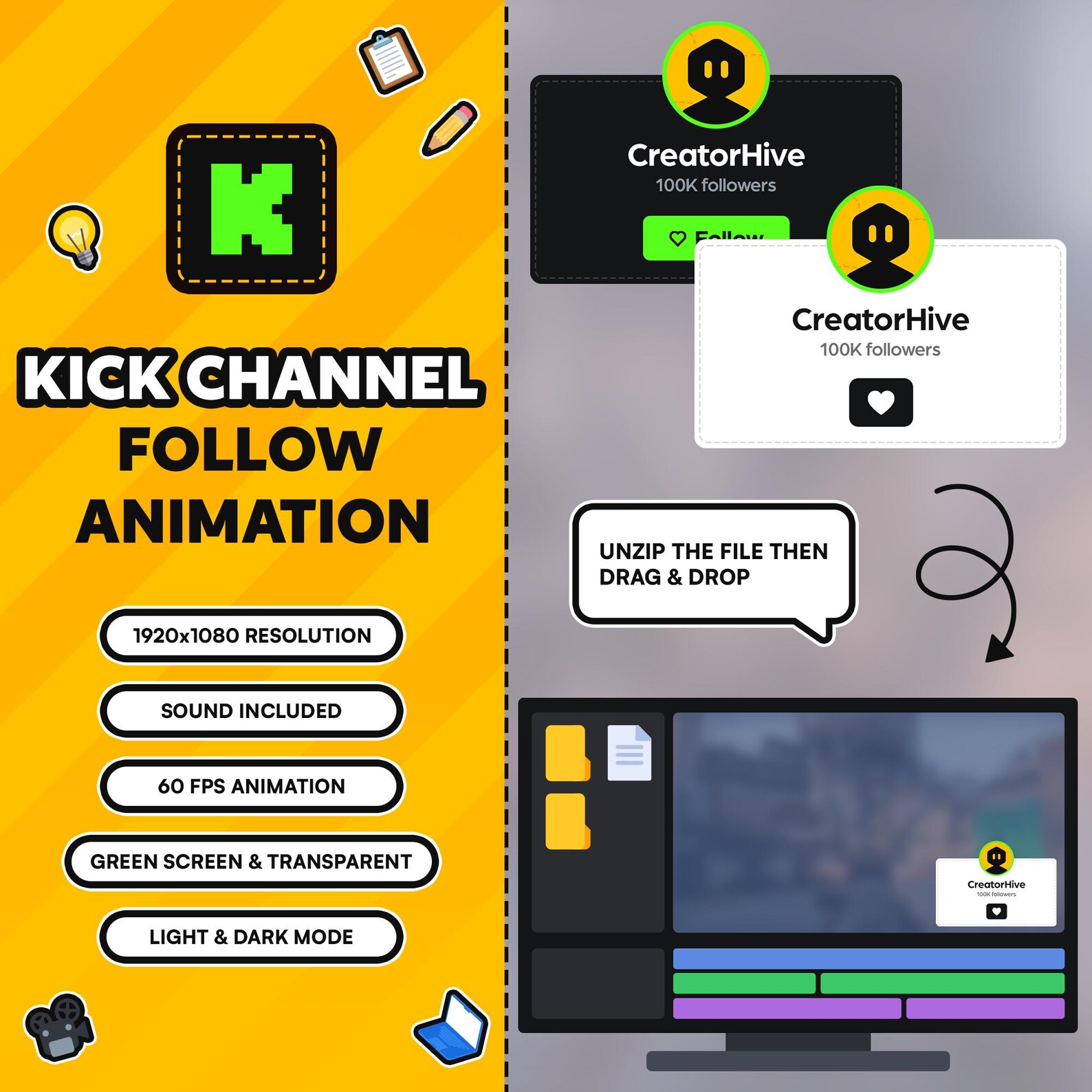 Kick Overlay Follow Button, Social Media Pop Up, Digital Download ...