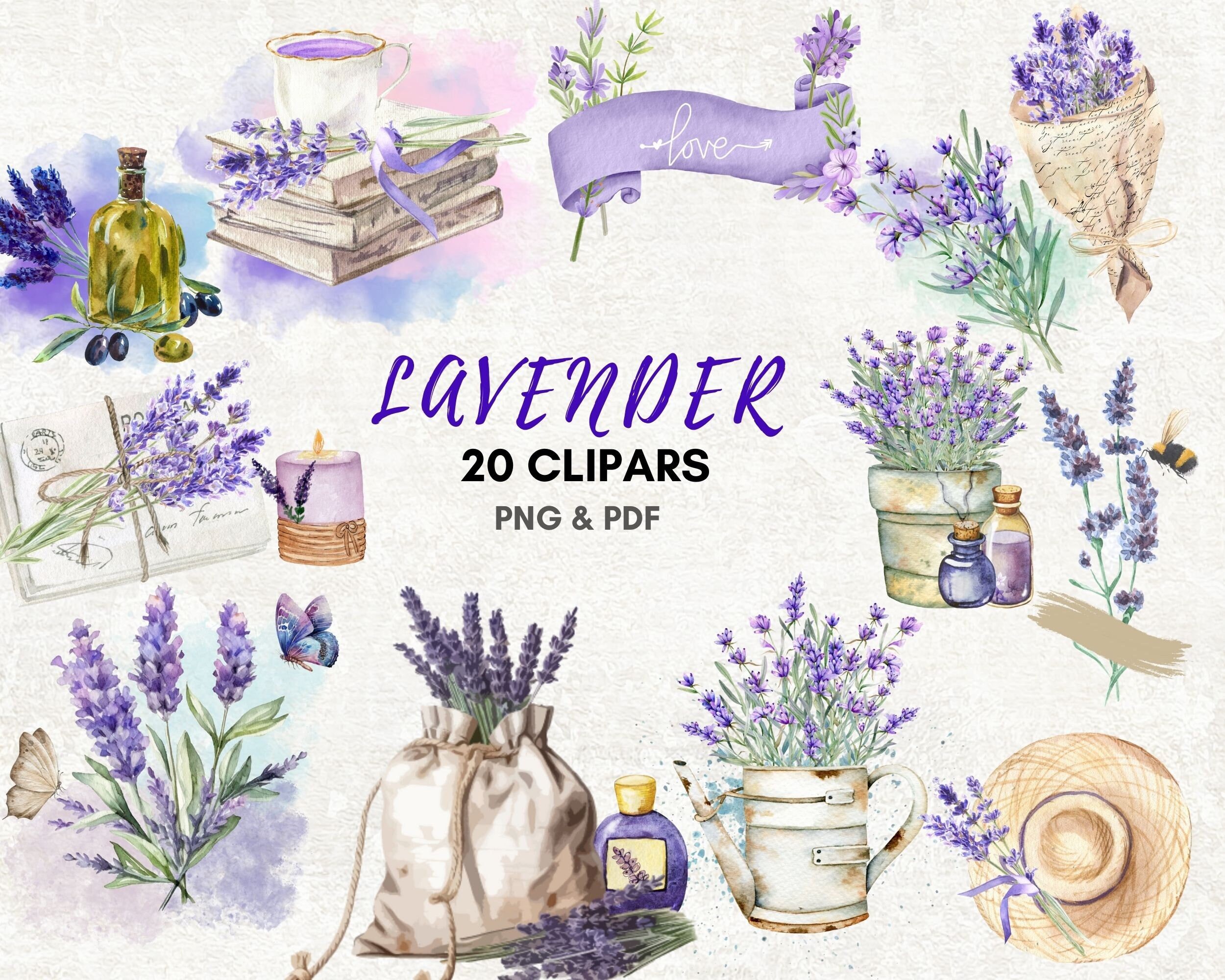 Watercolor Lavender Floral Cliparts, Watercolour Violet Flowers Spring ...