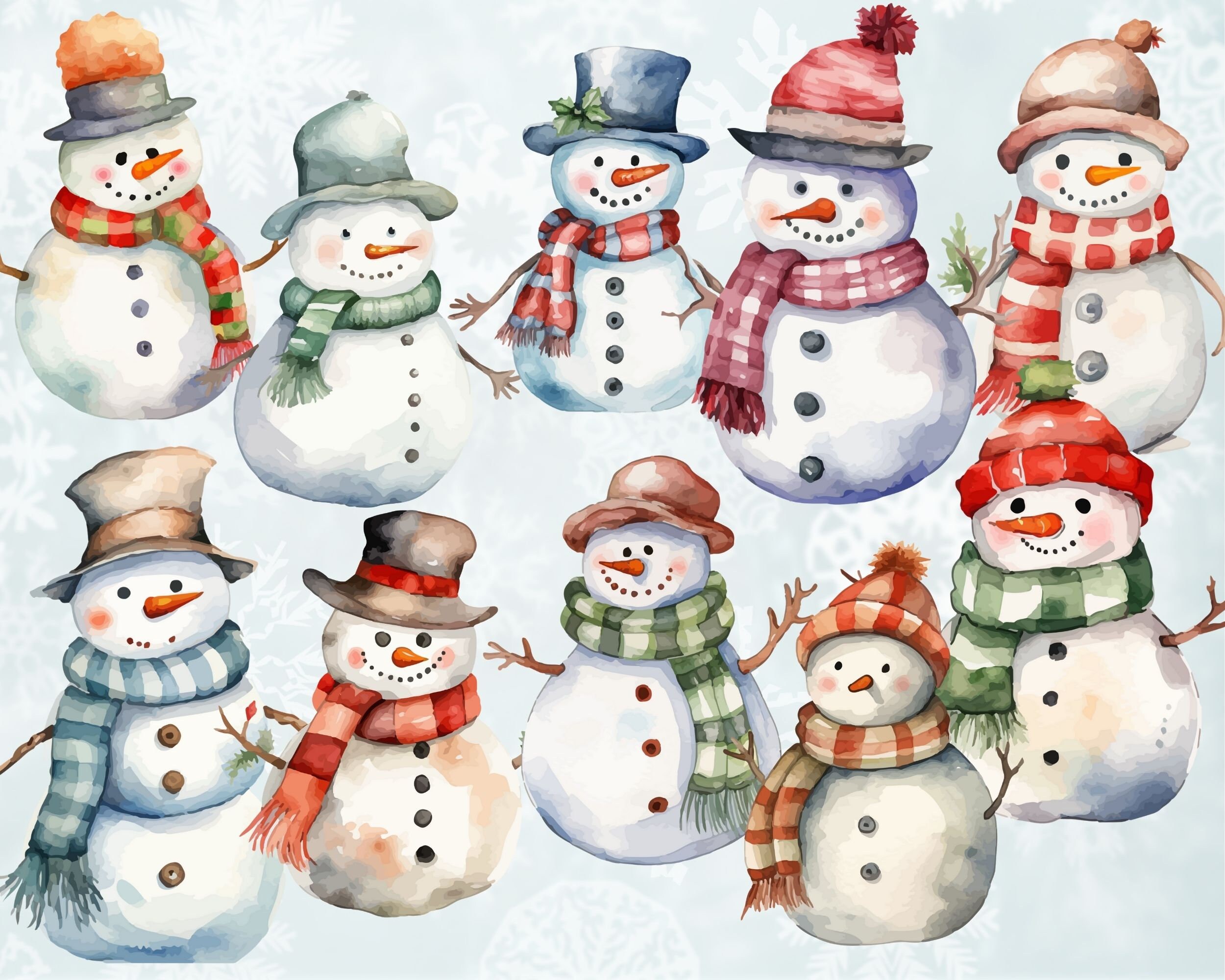 Watercolor Snowman Clipart, 10 Snowman PNG Files, Xmas Snowman Clip Art ...