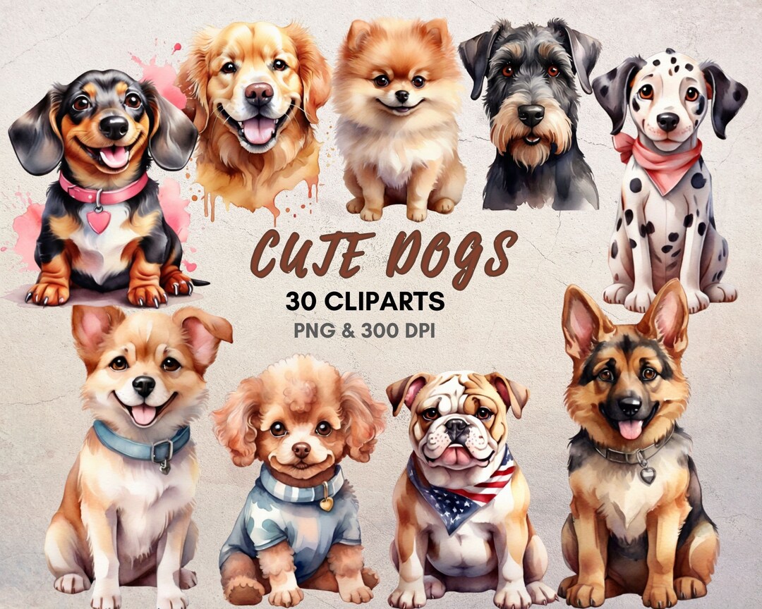 Watercolor Cute Dog Cliparts Cute Dogs PNG Bundle Watercolor Puppies ...
