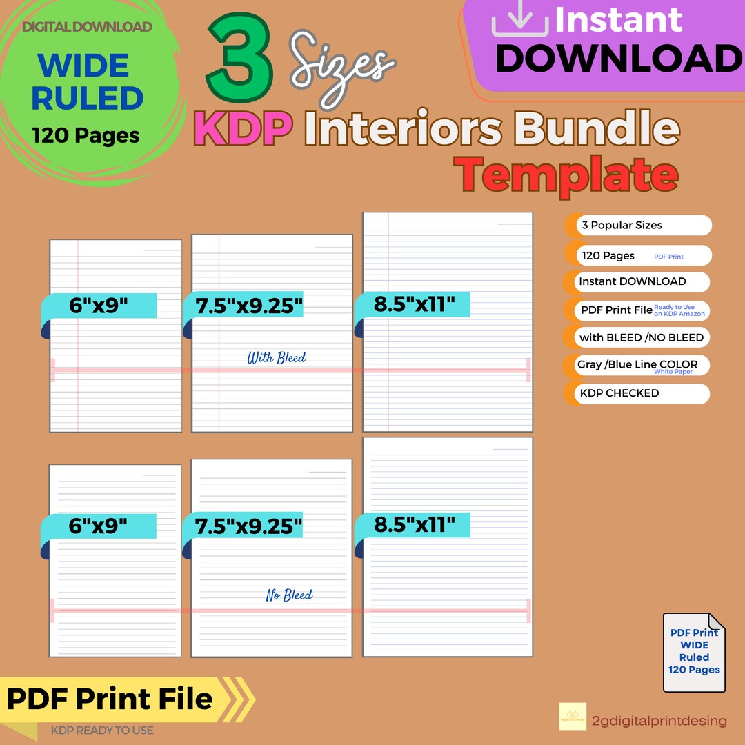 KDP Interiors Bundle Template, Wide Ruled 3 Size, 120 Pages PDF Print ...