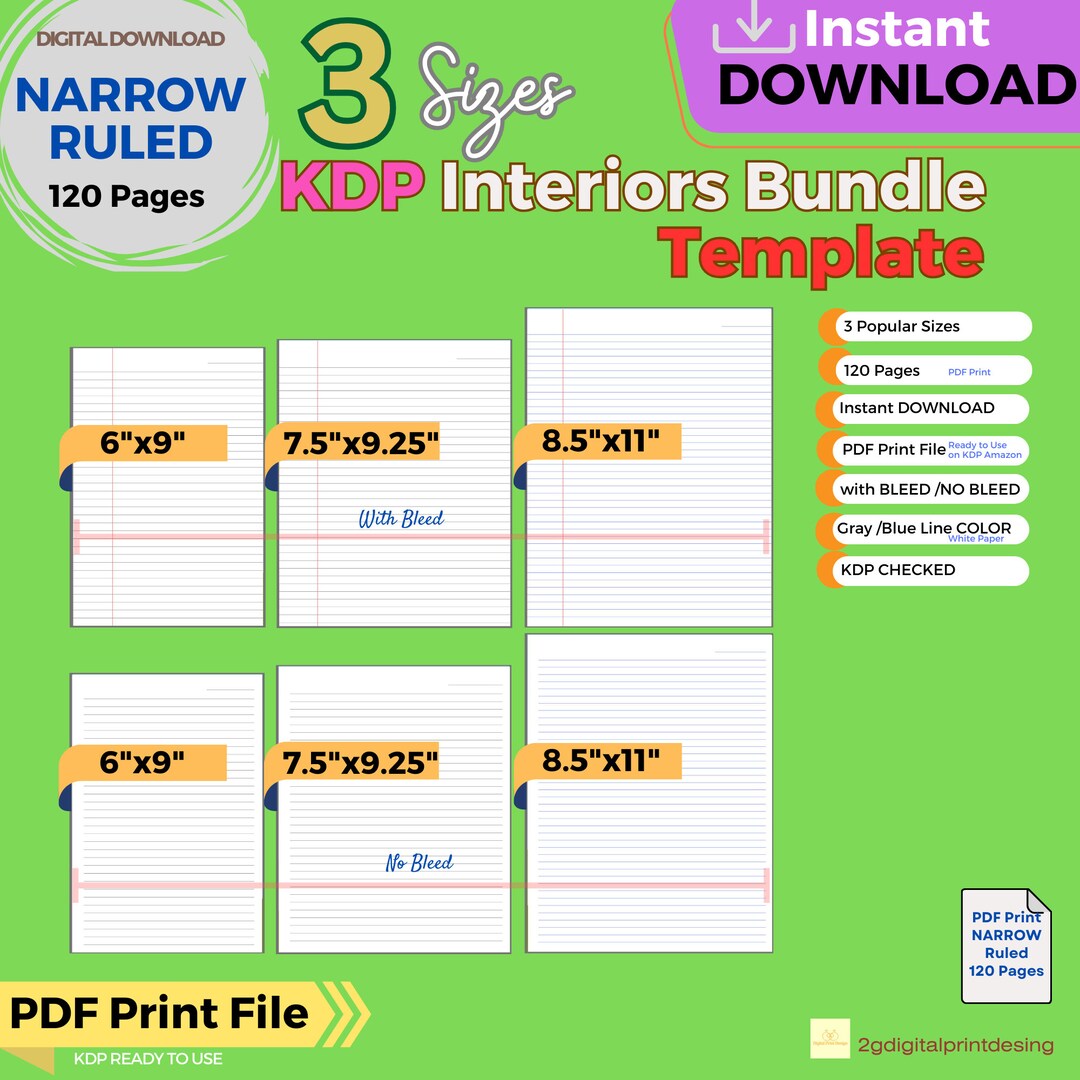 KDP Interiors Bundle Template, Narrow Ruled 3 Size, 120 Pages PDF Print ...