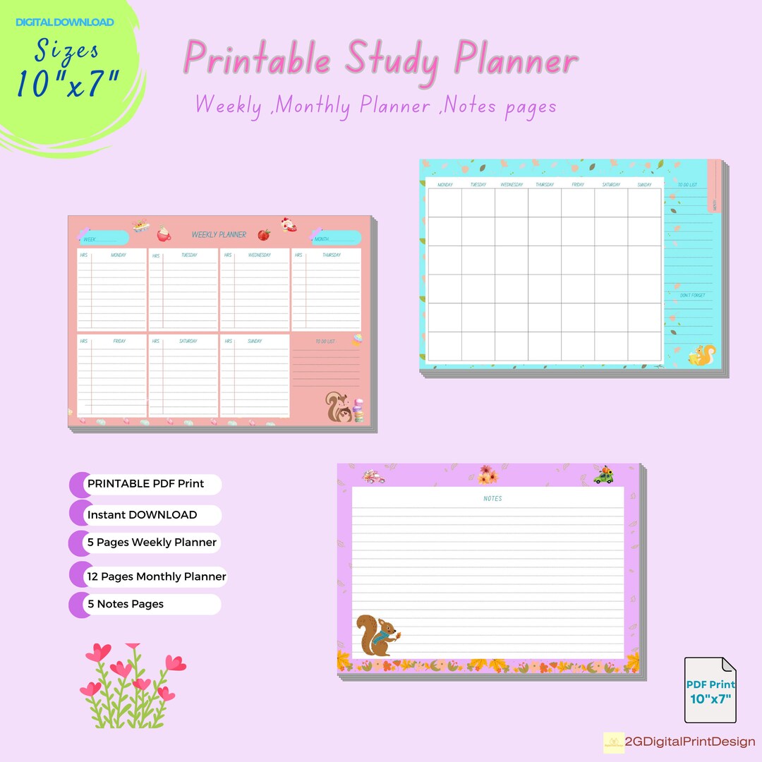 Student Planner Printable, Weekly, Monthly, Note Pages, Ready to Use ...