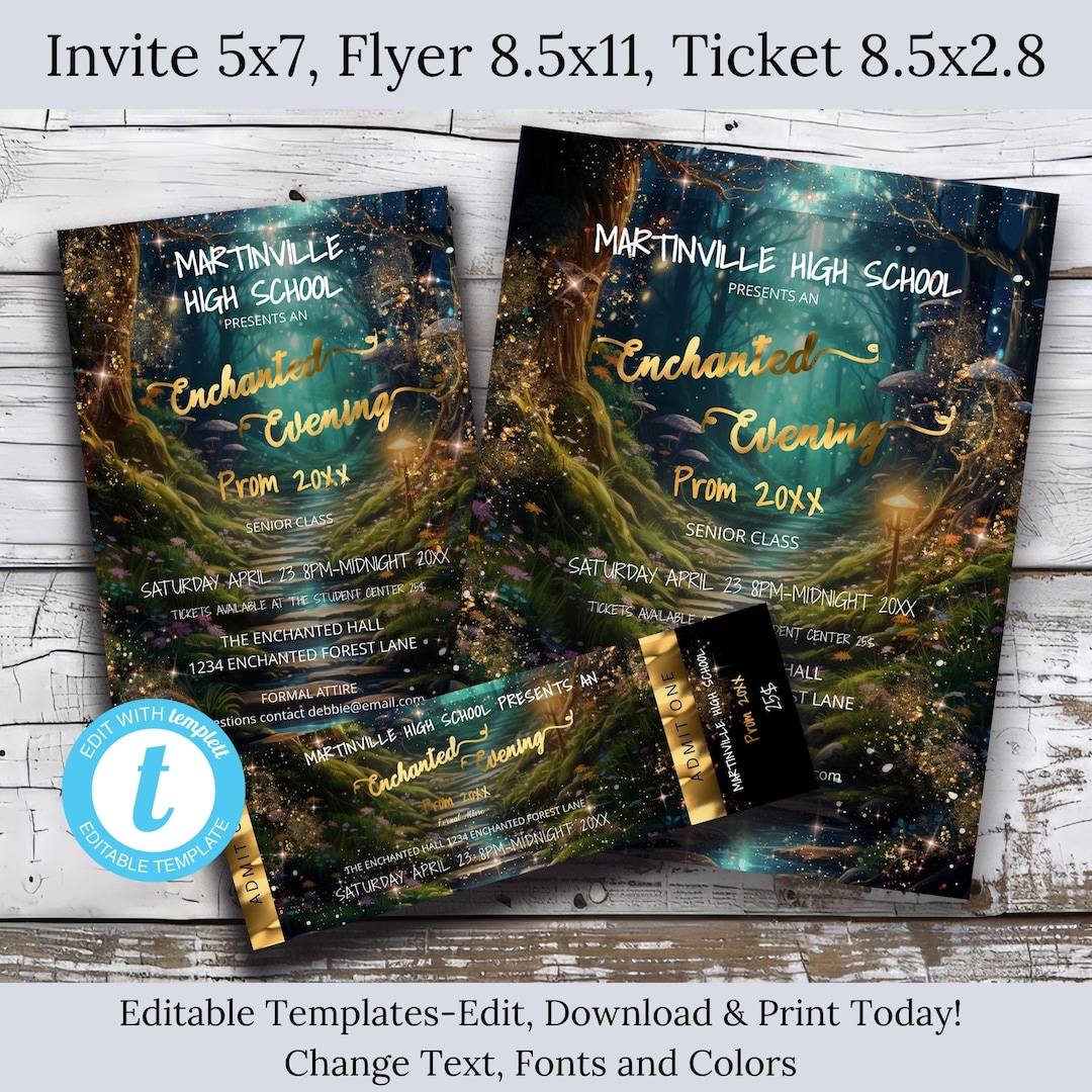 Enchanted Forest Prom Invite, Flyer & Ticket Bundle-high School Prom ...