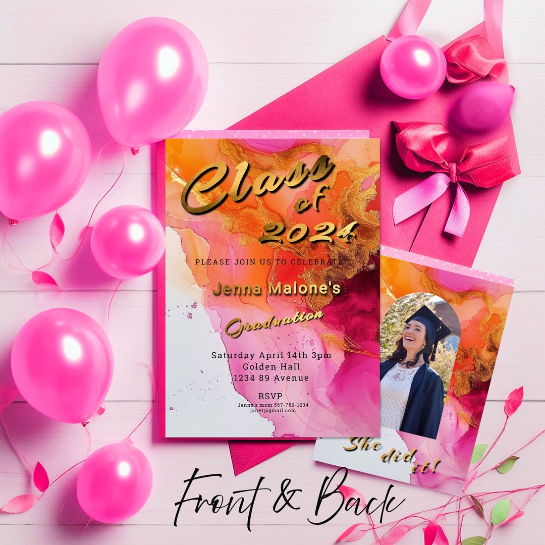 Hot Pink Graduation Party Invitation: Gold Foil, Photo Option (digital ...