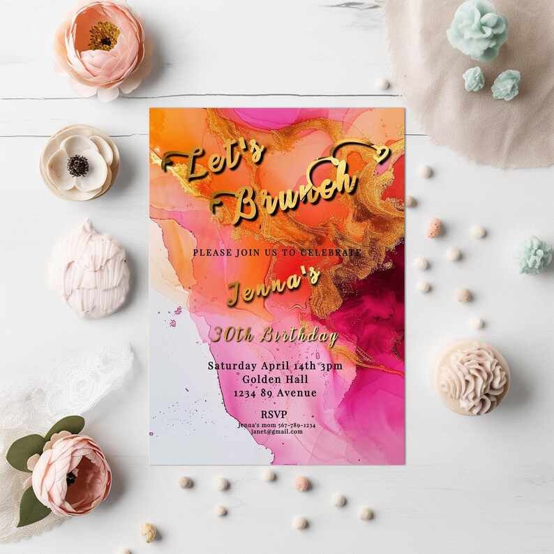 Hot Pink and Orange Birthday Editable Invitation 5x7in -brunch Invite ...