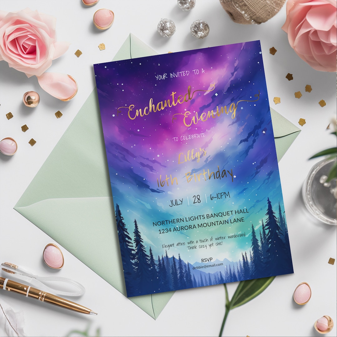 Northern Lights Sweet 16 Invitation-enchanted Evening-aurora Borealis ...