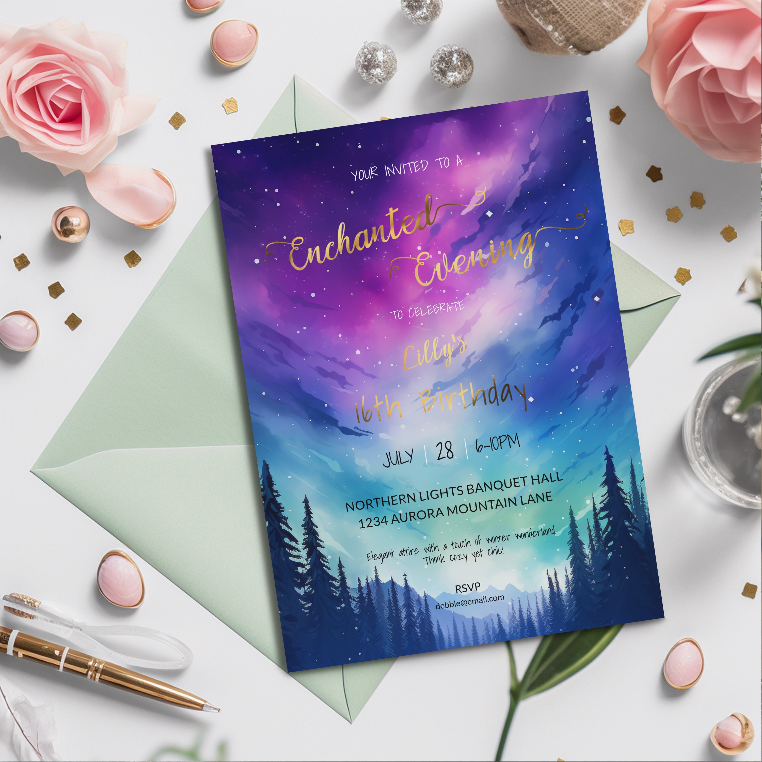 Northern Lights Sweet 16 Invitation-enchanted Evening-aurora Borealis ...