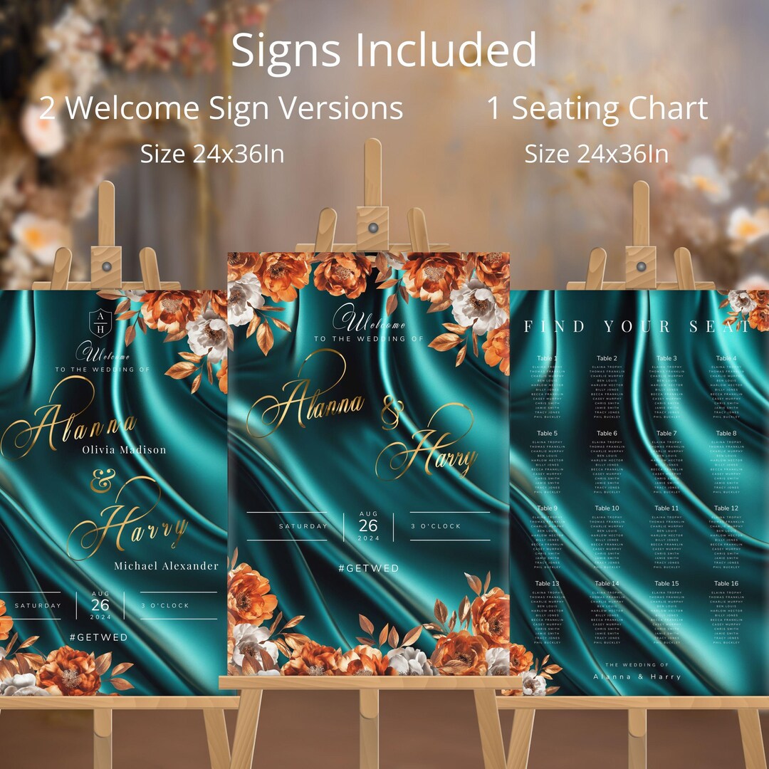 Terracotta and Teal Wedding Welcome Sign Template Bundle-teal Floral ...